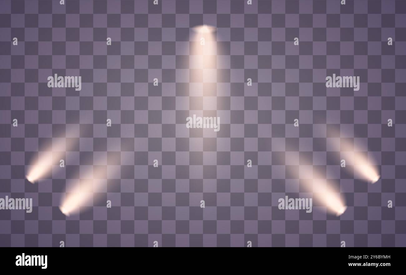 Three soft spotlight beams on a transparent background. Glowing warm ...