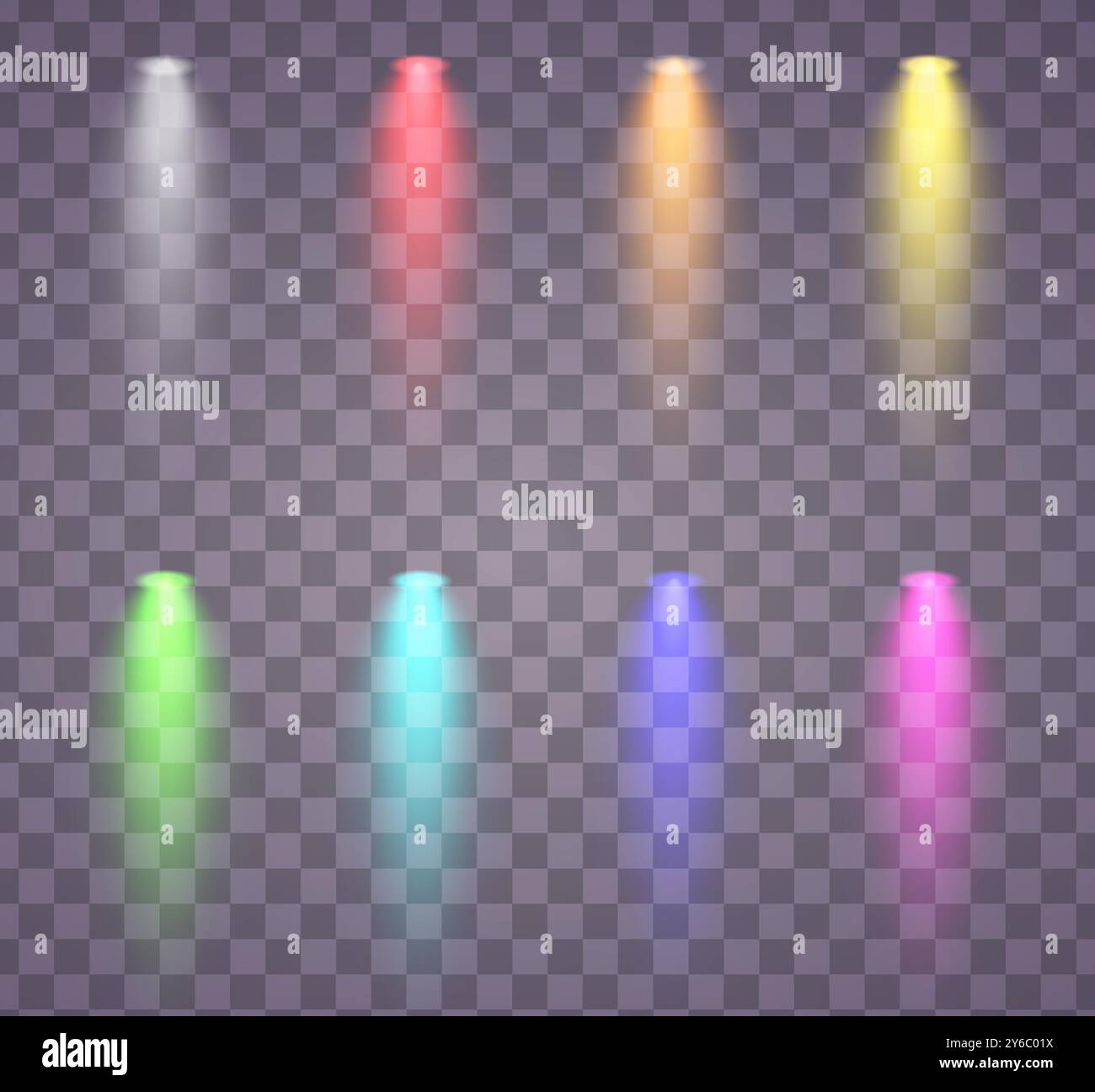 Set of eight colorful spotlights on a transparent background. Includes ...