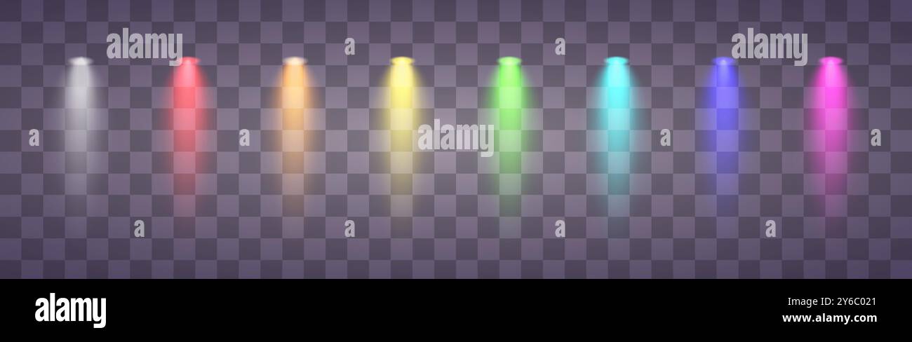 Set of eight colorful spotlights on a transparent background. Includes ...