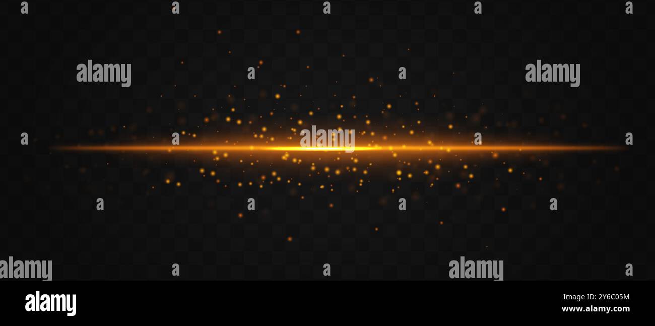 Glowing golden laser beam horizontally with sparkling particles across ...