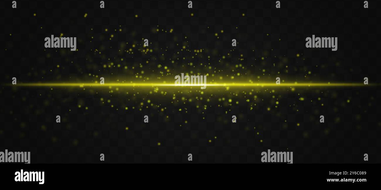 Glowing yellow laser beam horizontally with sparkling particles across ...