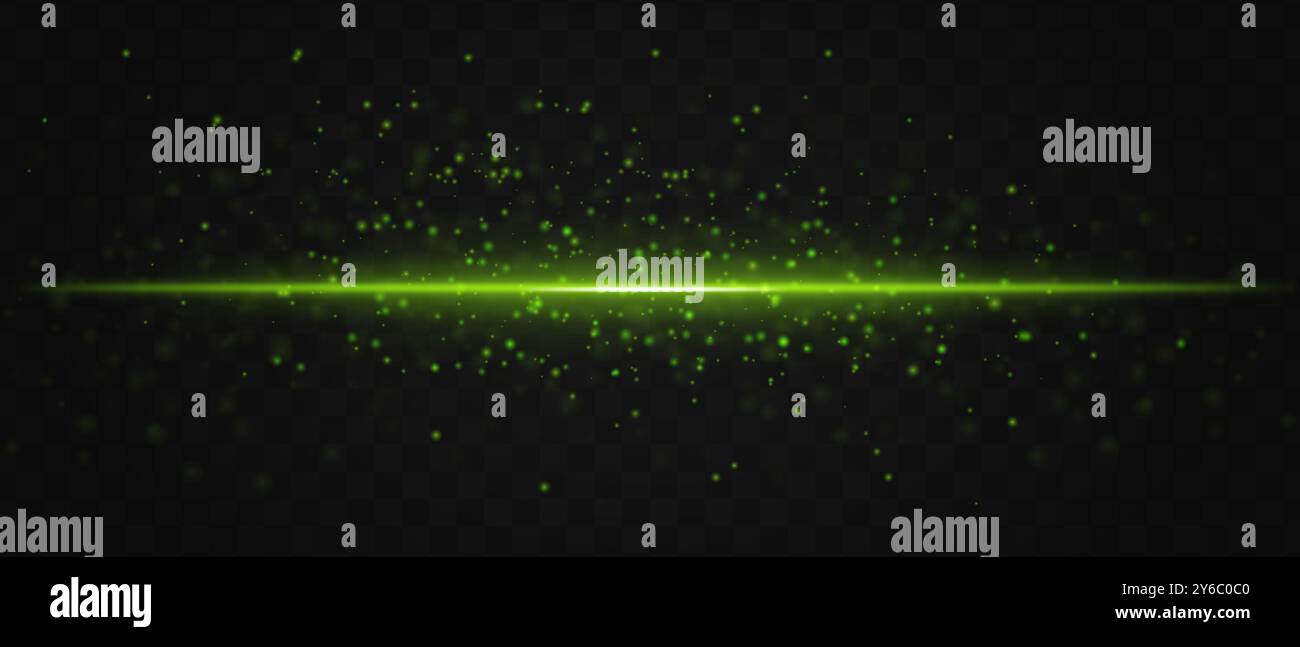 Glowing green laser beam horizontally with sparkling particles across a ...