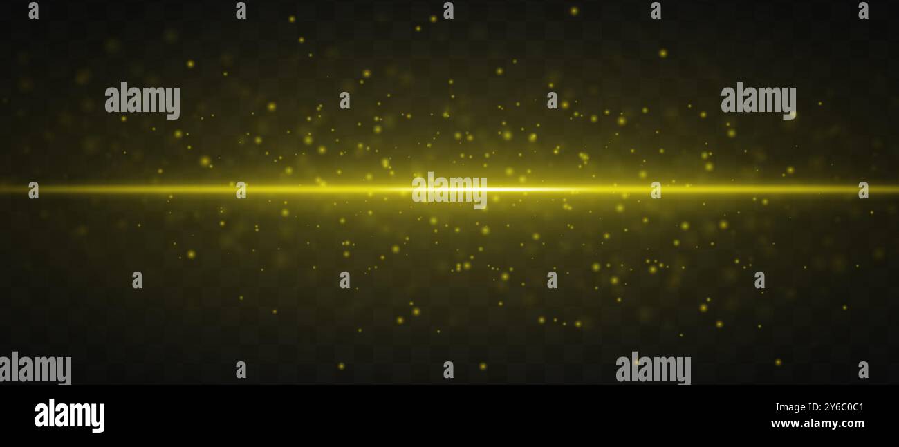 Glowing yellow laser beam horizontally with sparkling particles across ...