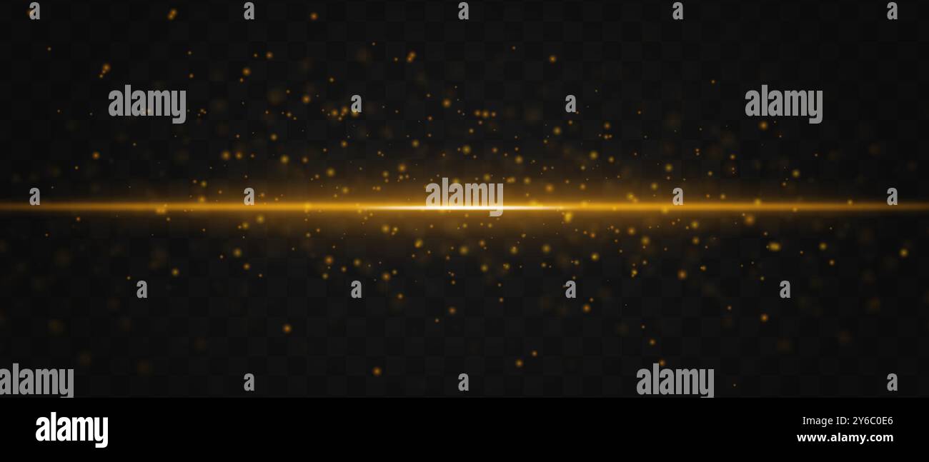 Glowing golden laser beam horizontally with sparkling particles across ...