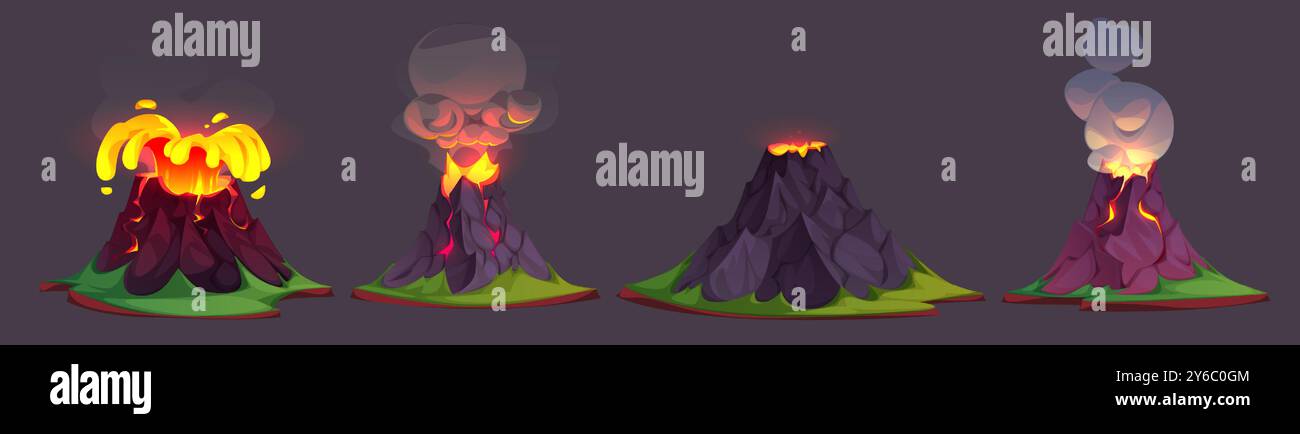Volcano eruption with flowing lava and smoke cloud on island. Cartoon ...