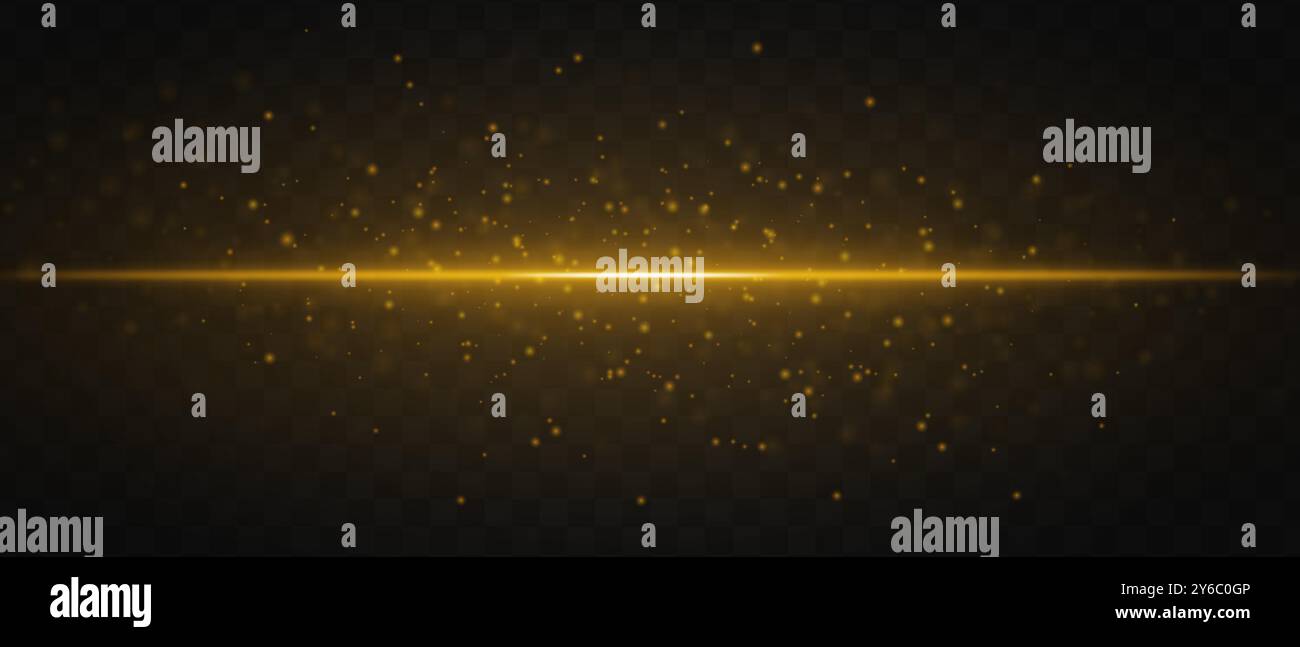 Glowing golden laser beam horizontally with sparkling particles across ...