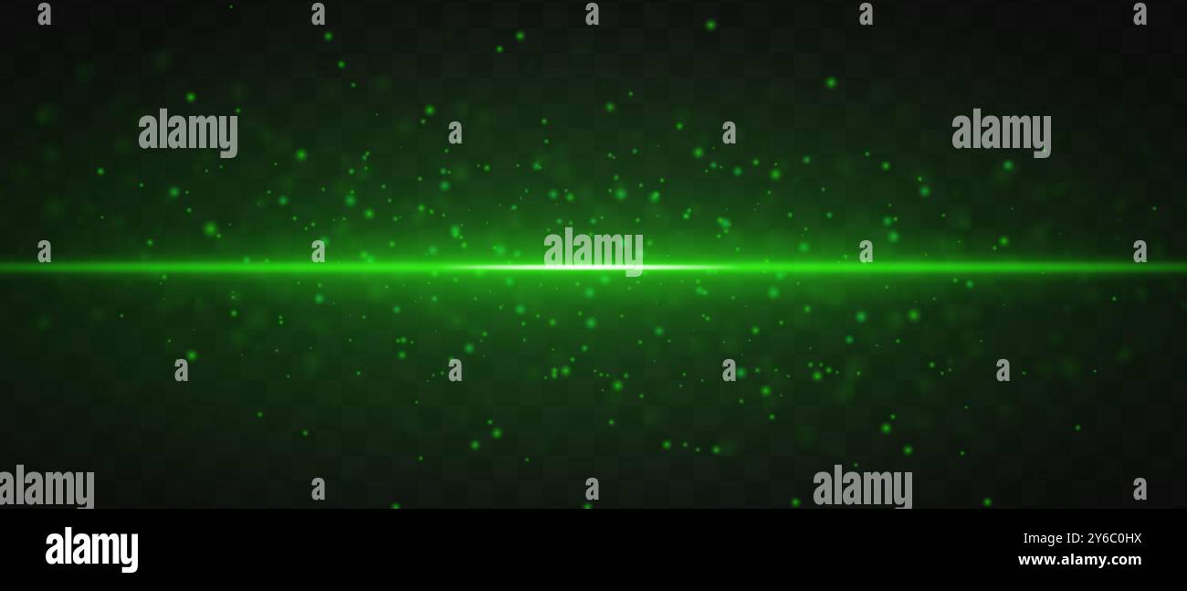 Glowing green laser beam horizontally with sparkling particles across a ...