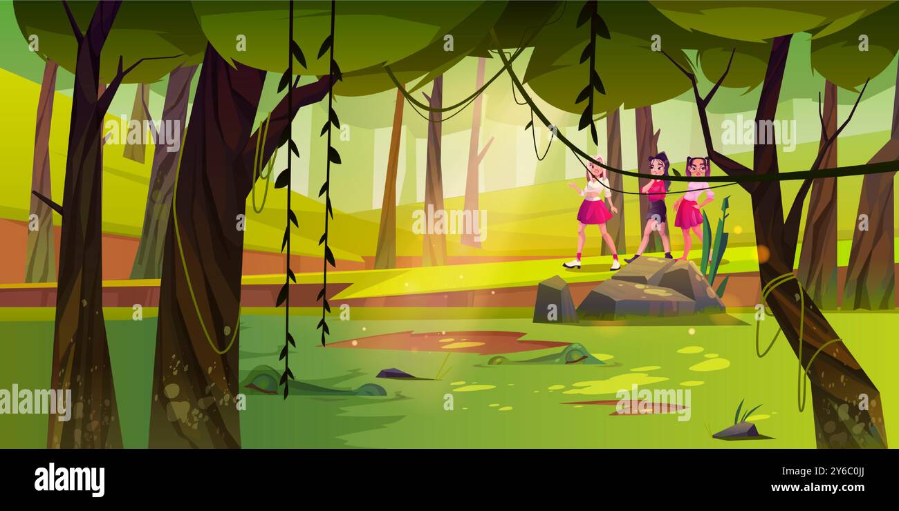 Teen girls in rainforest with green swamp. Vector cartoon illustration ...