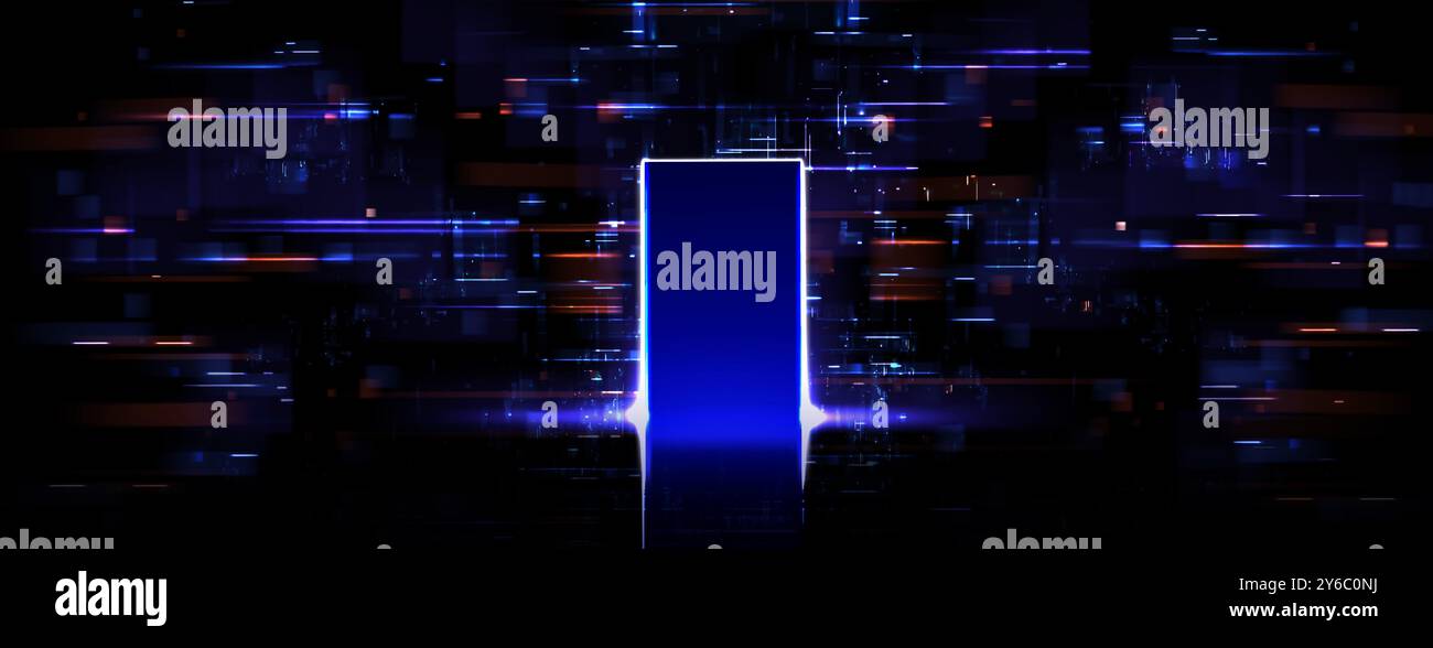 Open door on blue glitch background. Vector realistic illustration of ...