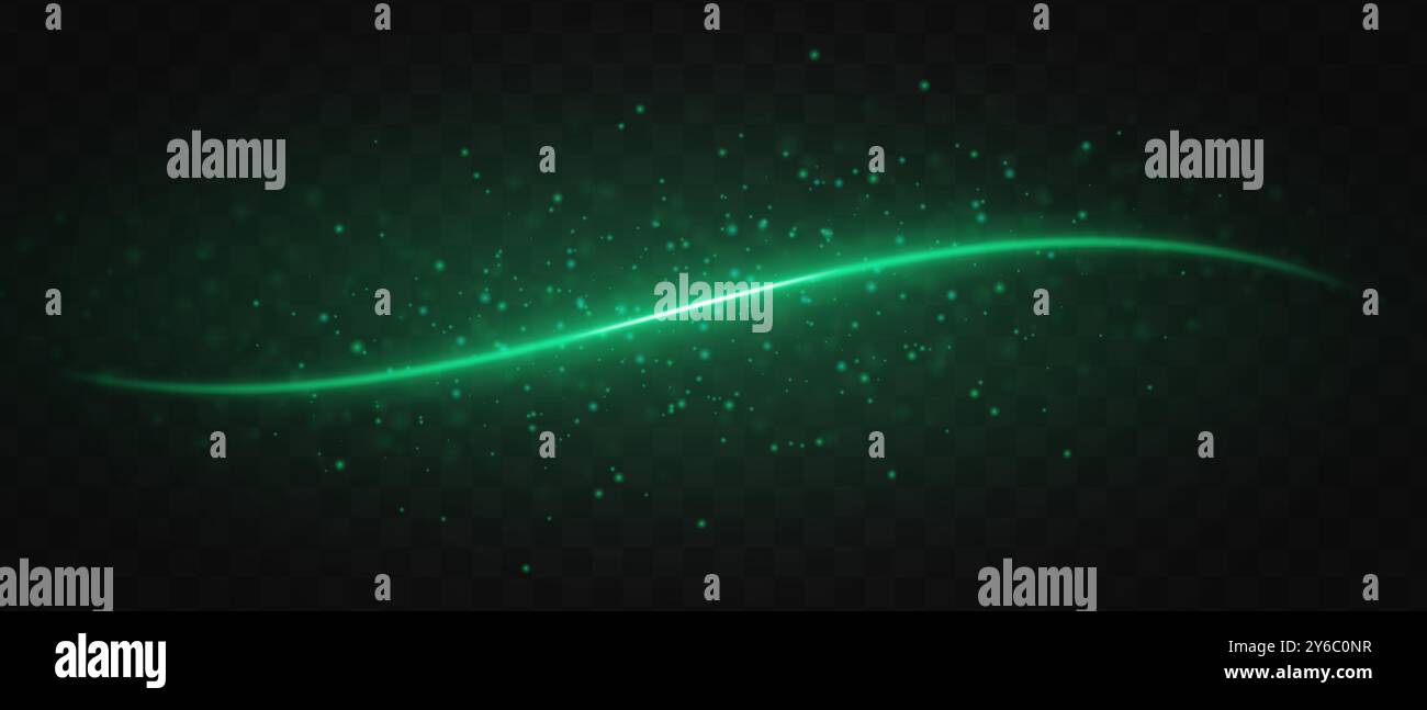 Glowing green wave laser beam horizontally with sparkling particles across a dark transparent ...