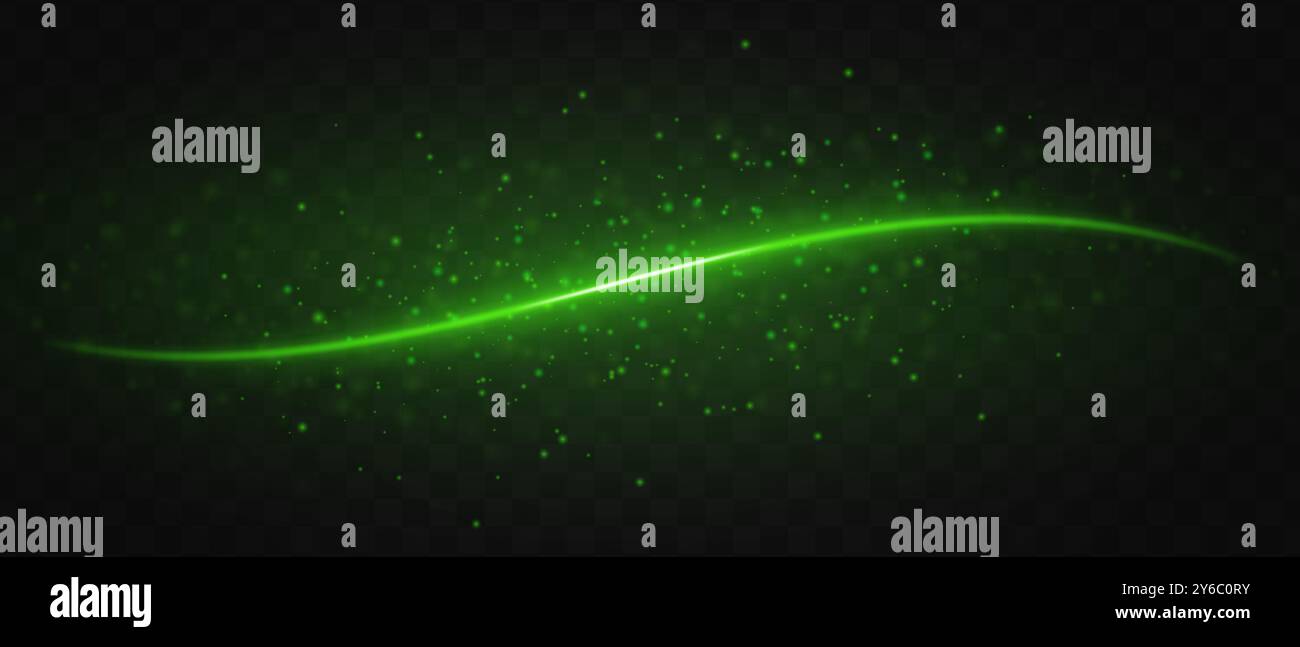 Glowing green wave laser beam horizontally with sparkling particles ...