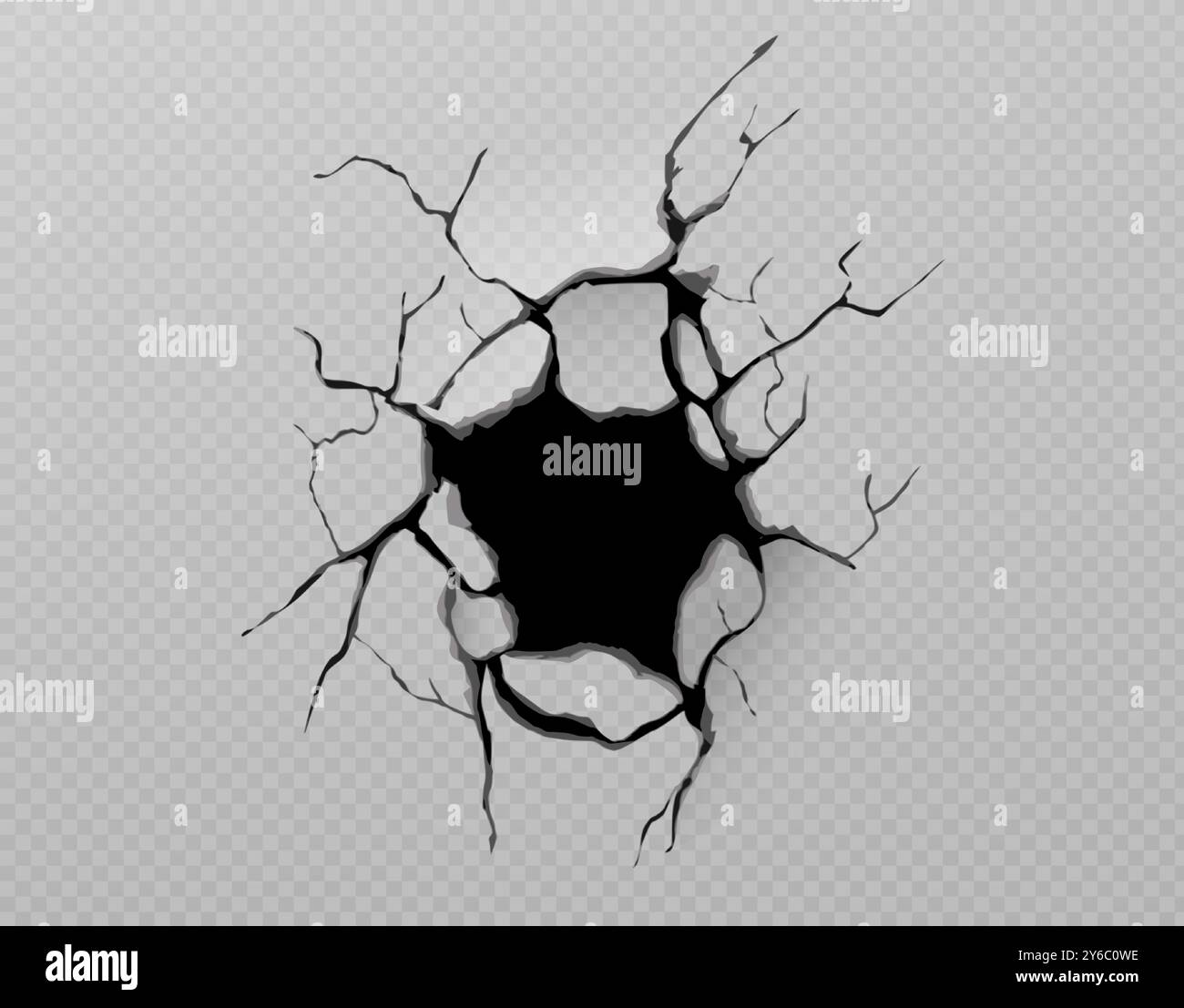 Broken concrete wall with hole, crack floor effect on transparent ...