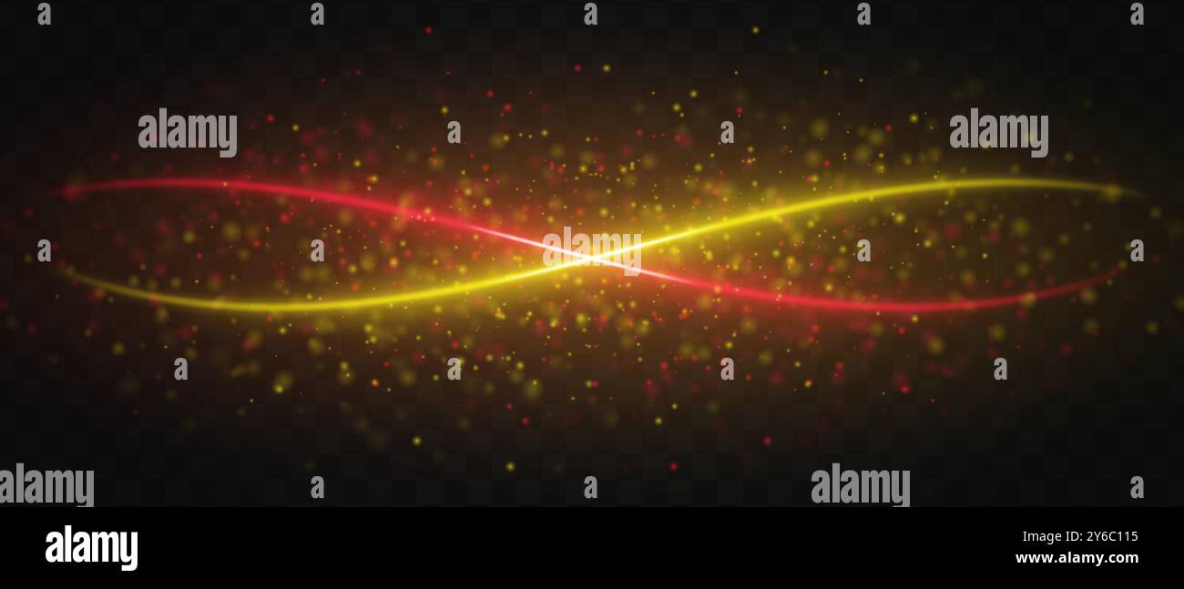 Glowing red and yellow wave laser beam horizontally with sparkling ...