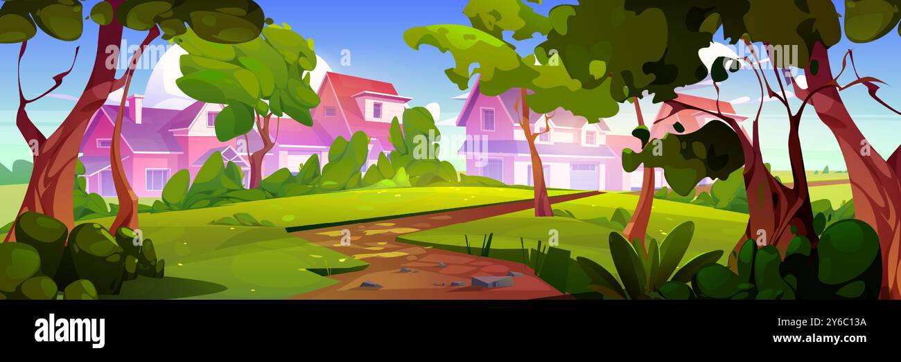 View on suburban landscape from forest with green trees and grass, soil ...