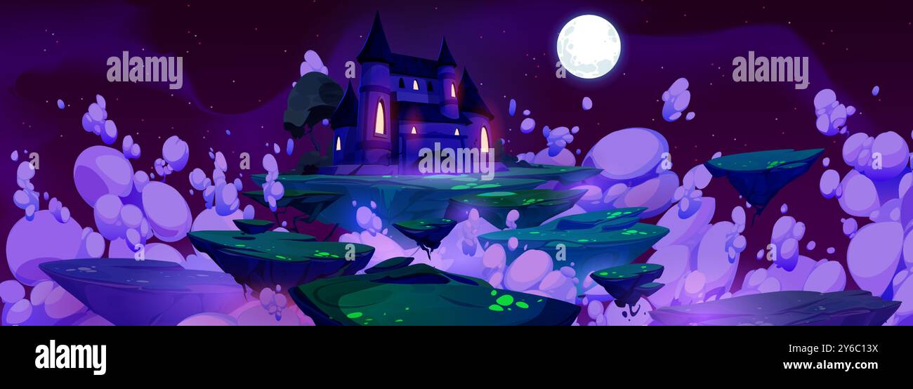 Magic fairy kingdom castle on flying ground islands in sky with fluffy ...