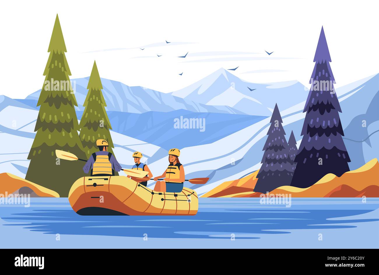Rafting adventure in mountain river scenic landscape. Three people in ...