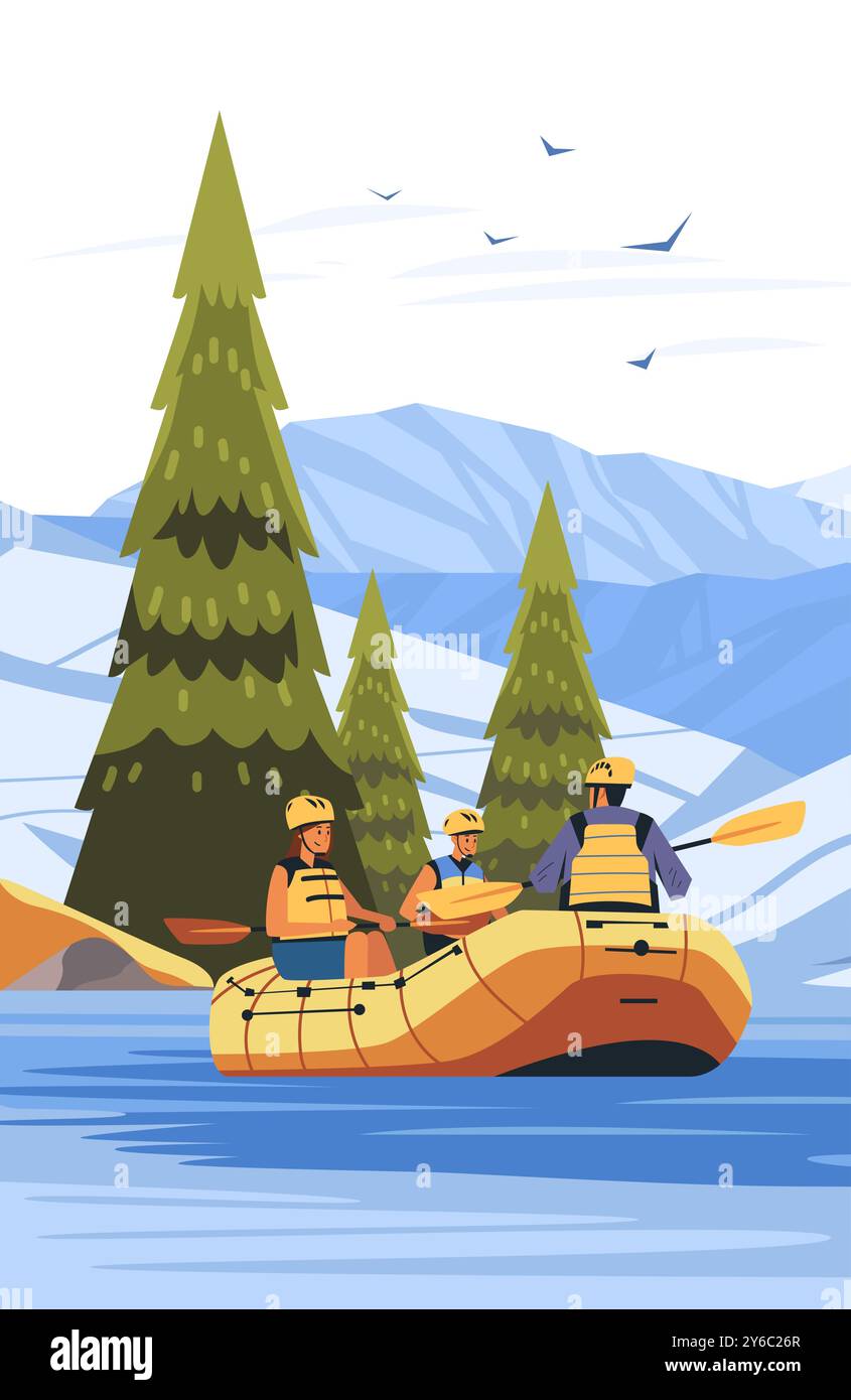 Rafting adventure in mountain river with pine trees and snow-capped ...