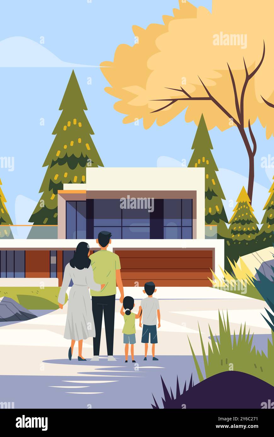 Family outdoors modern house trees nature landscape. A family of four ...