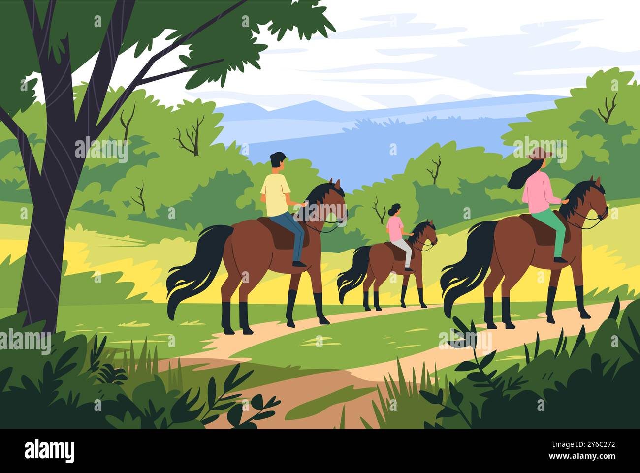 Horse riding in scenic nature trail. Three people riding horses on a ...