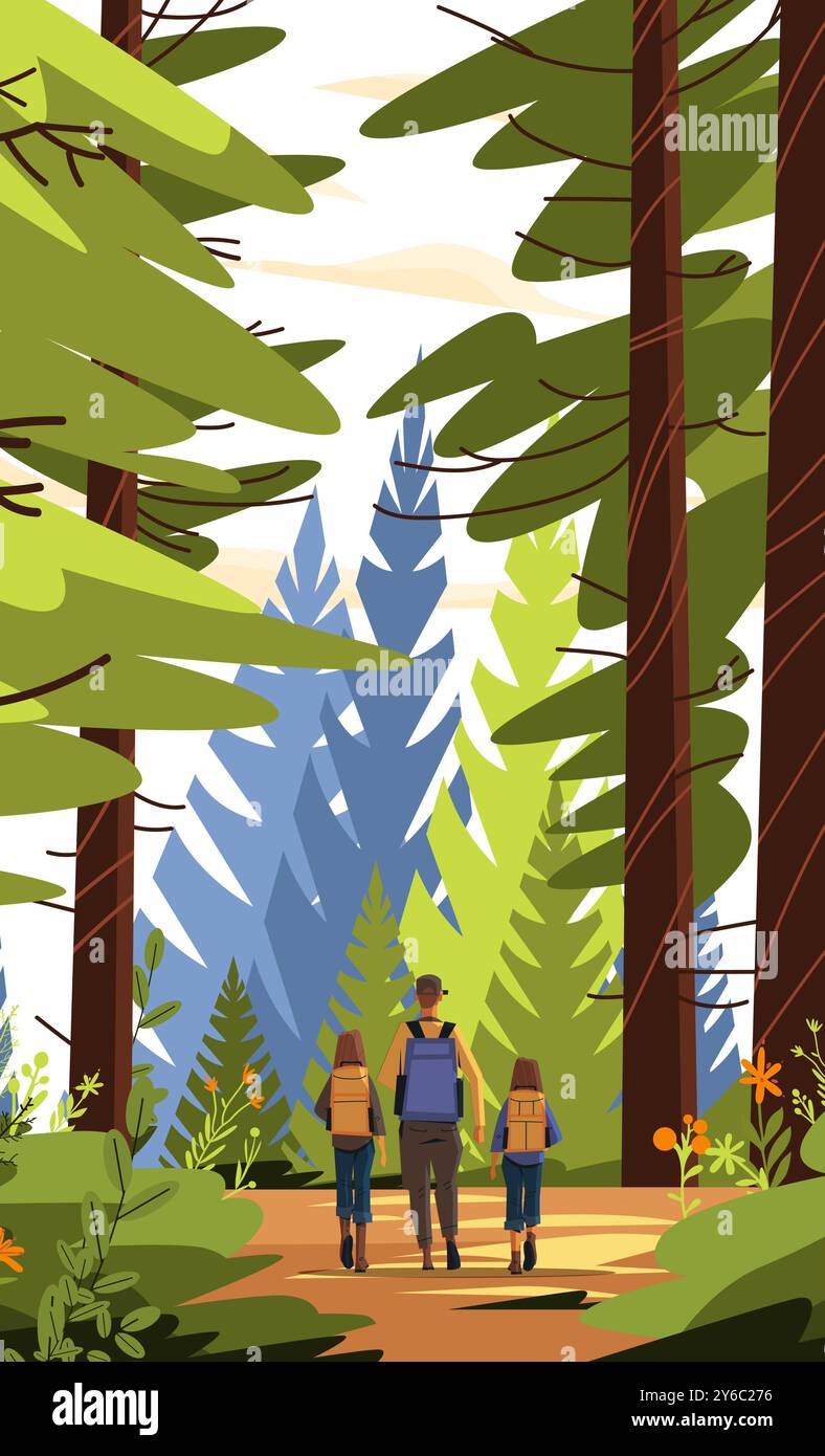 Family hiking in forest nature scene colorful trees father and two ...