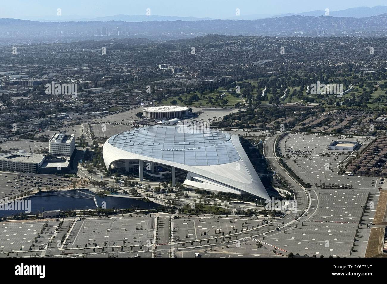 A general overall aerial view of SoFi Stadium (foreground) and the Kia ...