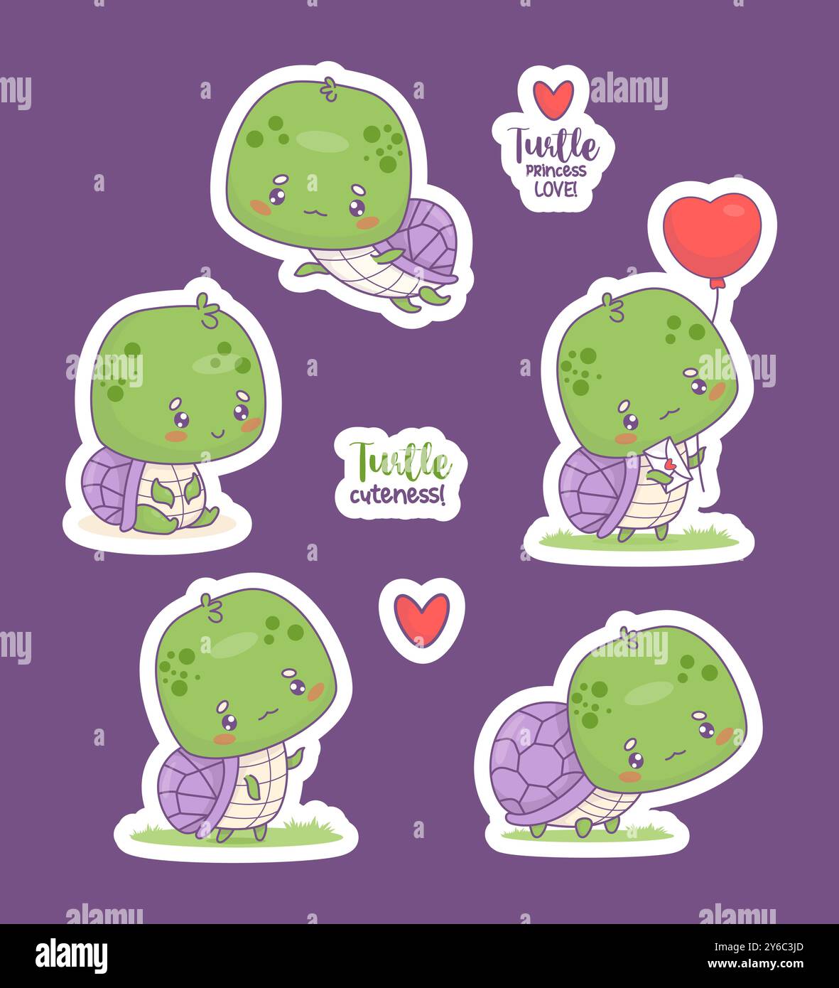 Cute turtles stickers. Funny cartoon animal floating, with balloon and ...