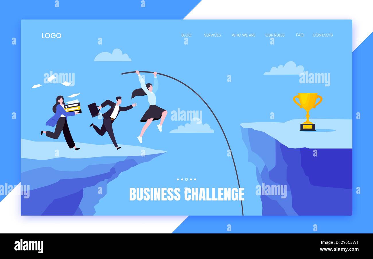 Business people runs and jumps pole vault over abyss flat style design ...