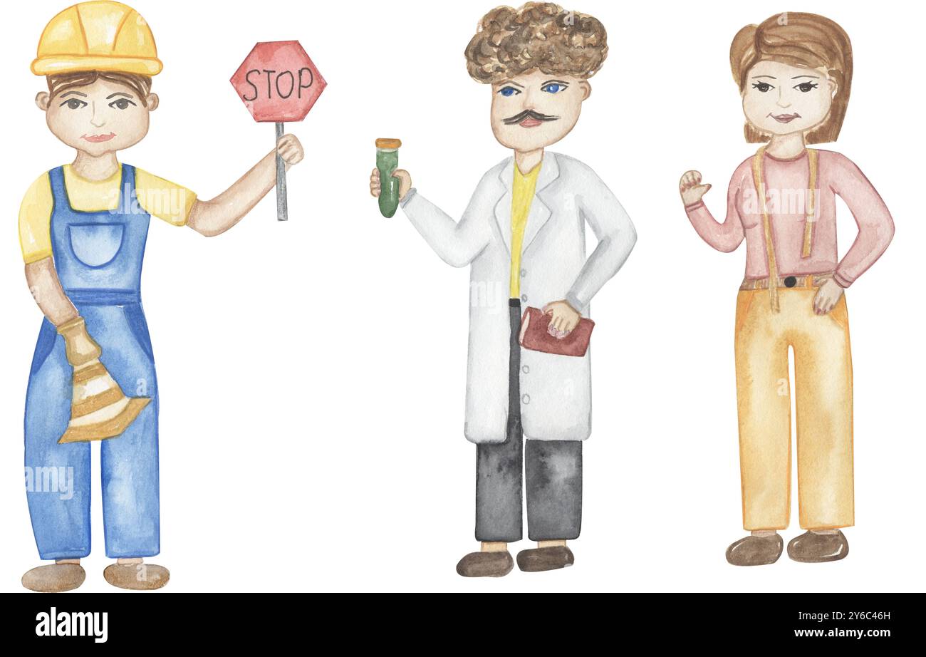 Watercolor cute people in professions illustration set, educational ...
