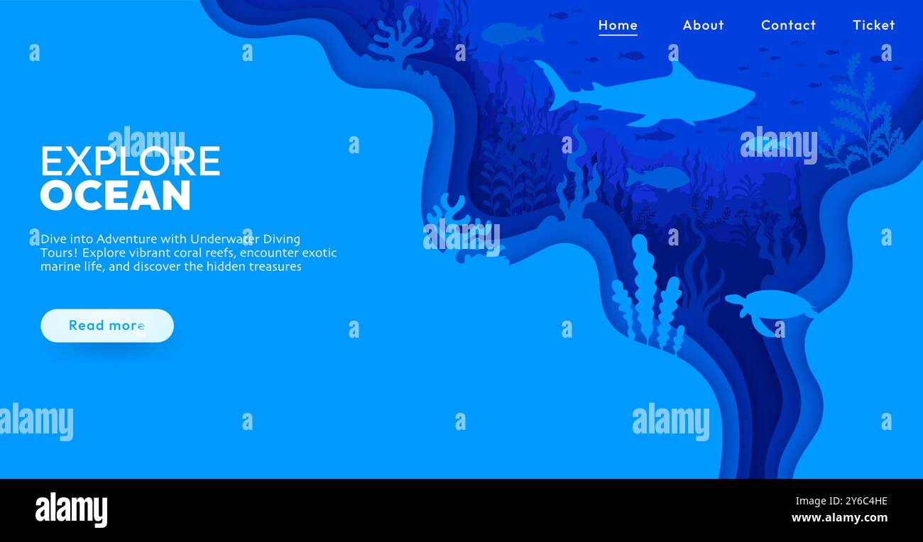 Landing page with paper cut underwater landscape. Vector web banner ...