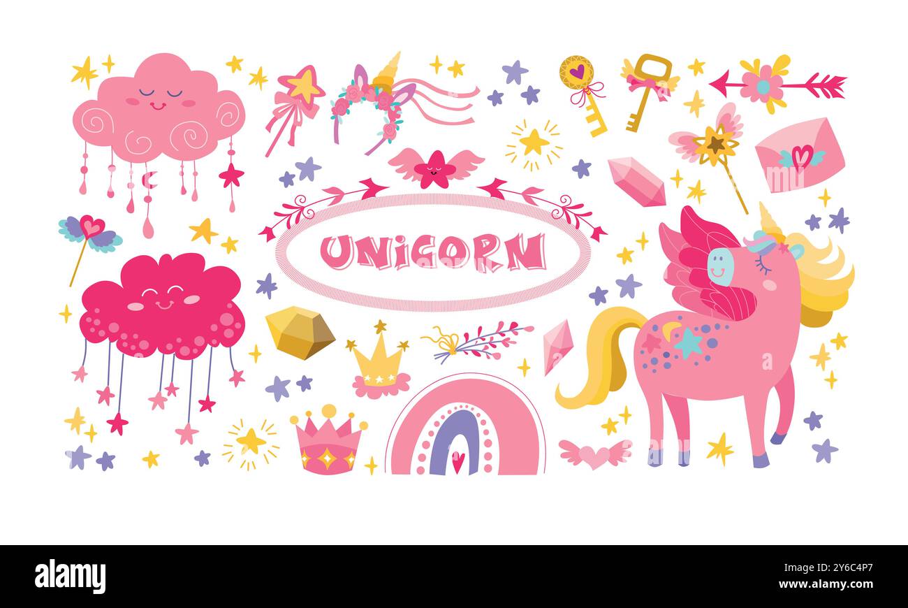 Big vector cute unicorn flat. Fairytale patch icon collection with ...