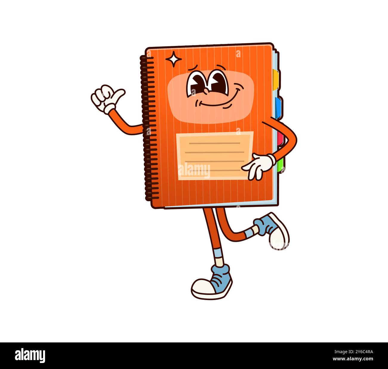 Groovy school notebook character with friendly smile, welcoming pose ...