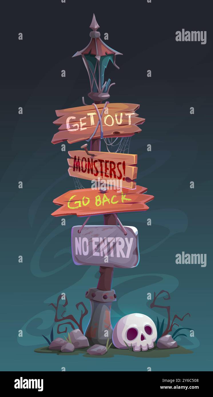Halloween sign board with wooden arrows and scary skull, vector horror ...