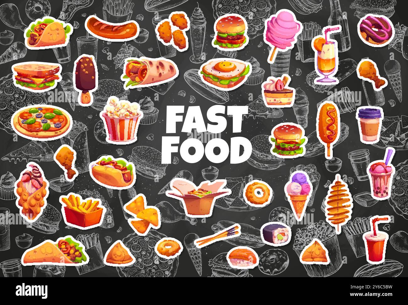 Cartoon takeaway fast food stickers pack featuring vector burger, pizza ...