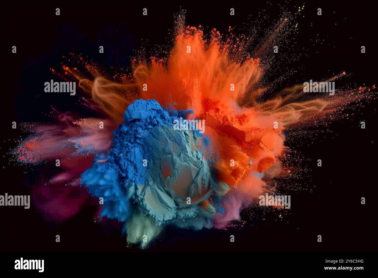 Vibrant abstract colored powdery texture set against a dark background ...