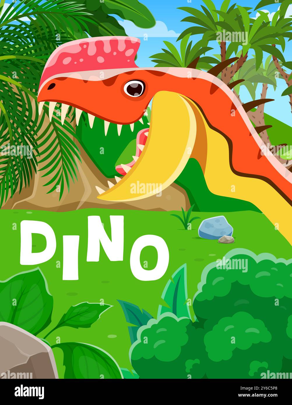 Cartoon prehistoric dinosaur poster. Vector cover featuring ...