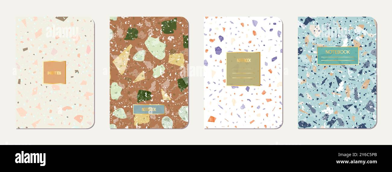 School diary cover design. Terrazzo abstract background made of natural ...