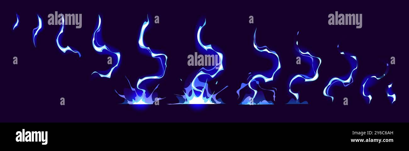 Lightning sprite animation, cartoon thunderbolt sprite sheet. Vector blue storm bolt ...