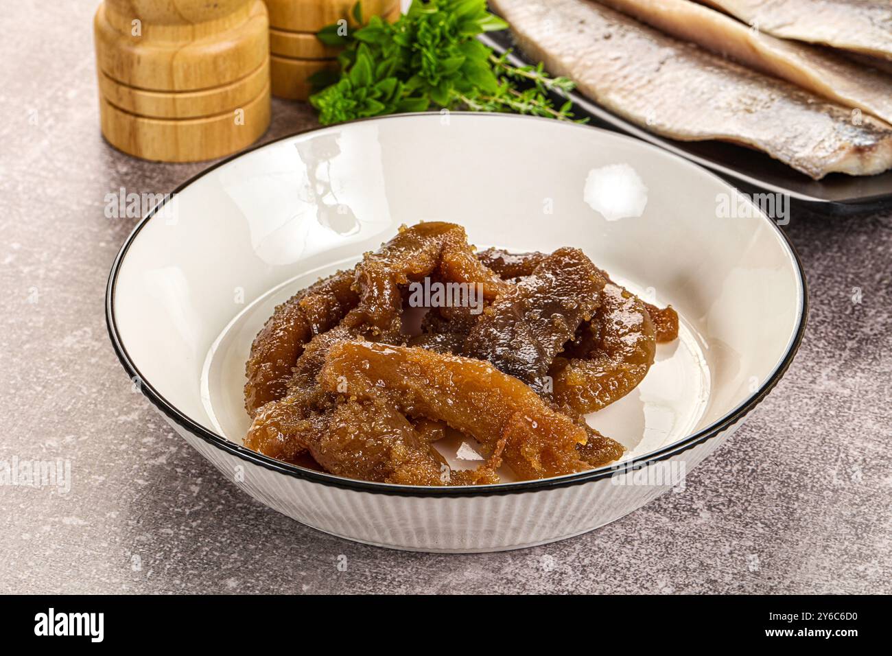Salted Herring roe snack in the plate Stock Photo - Alamy