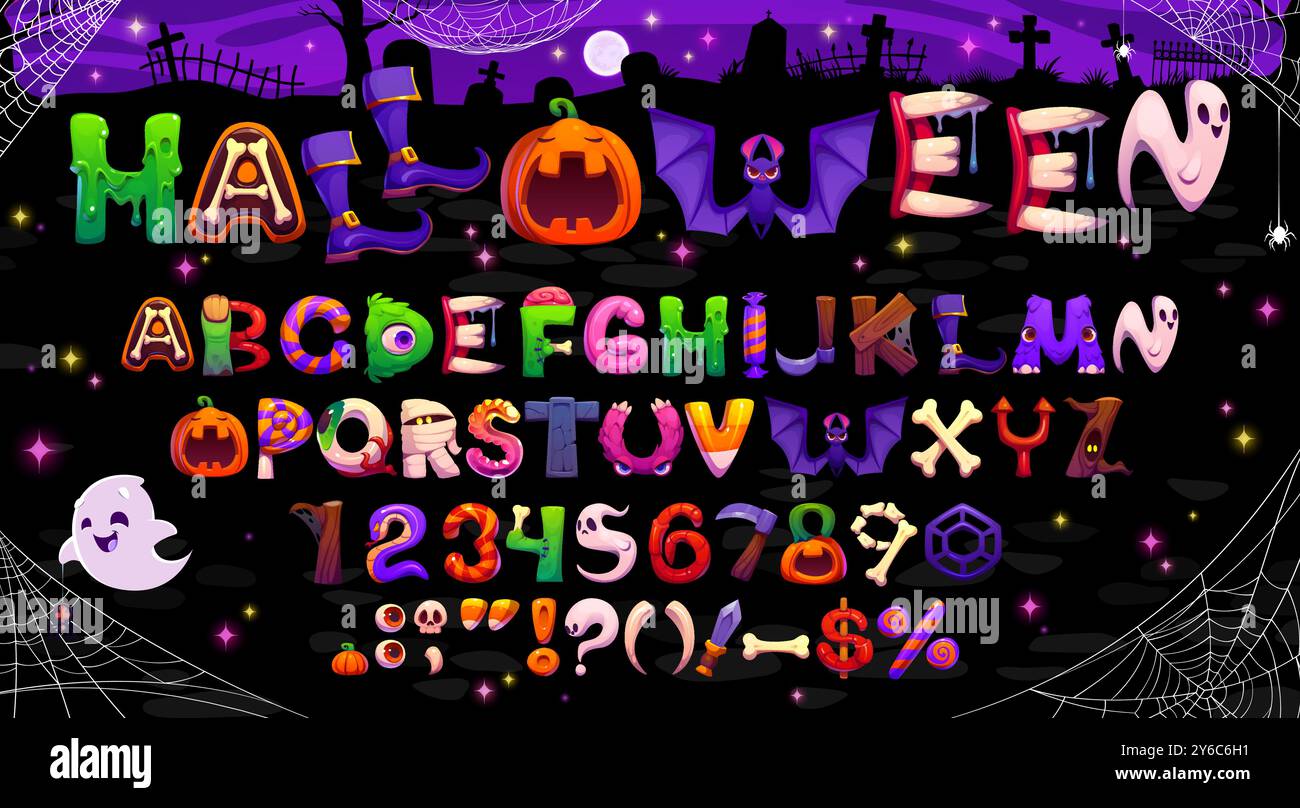 Cartoon Halloween font, evil type, funny scary typeface, spooky monster ...