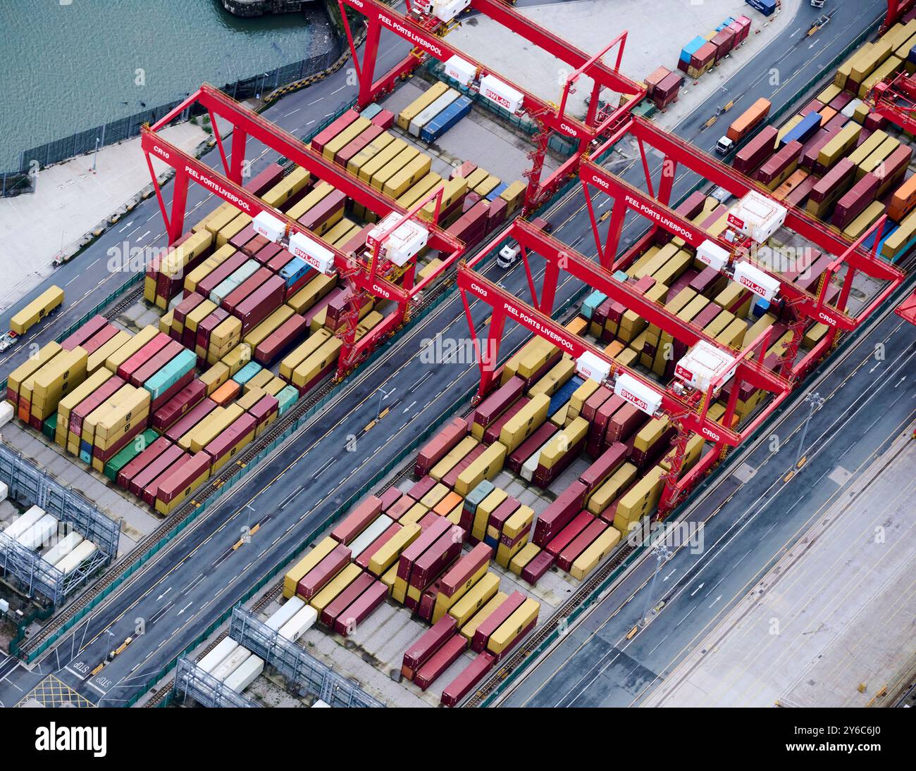 A drone shot of Container shipping at Seaforth Docks, Liverpool ...