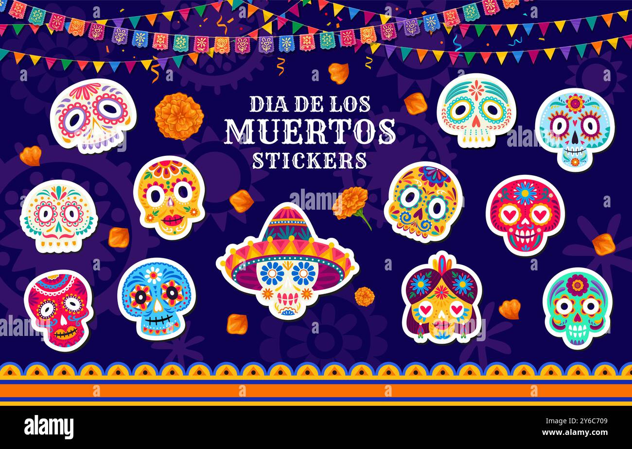 Stickers of Day of the Dead holiday sugar calavera skulls, vector ...