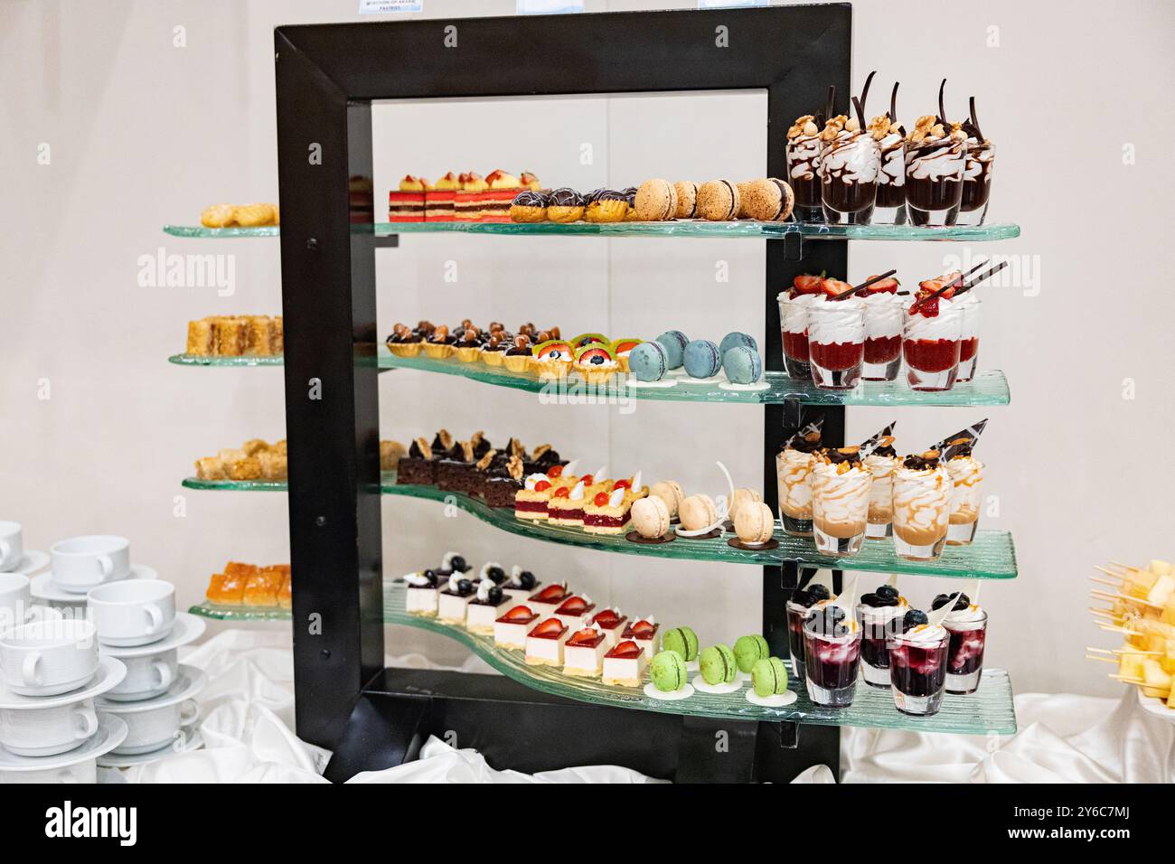 Different types of sweet desserts, mousses. Dessert buffet with white ...