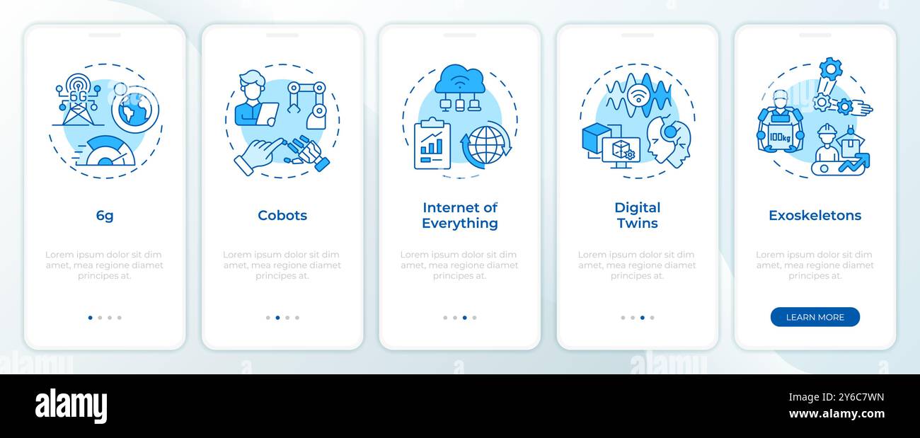 Technologies of industry 5.0 blue onboarding mobile app screen Stock ...