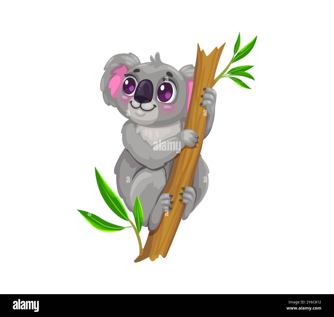 Cartoon cute koala bear character with big purple eyes and fluffy gray fur clinging to ...