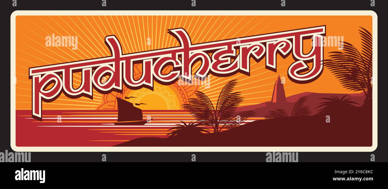 Puducherry Indian state sign retro travel plate, vintage plaque Vector ...