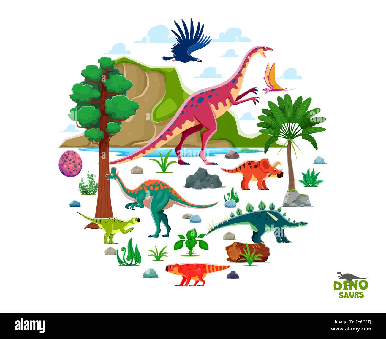 Prehistoric dinosaur characters and cartoon lizards in Jurassic forest ...