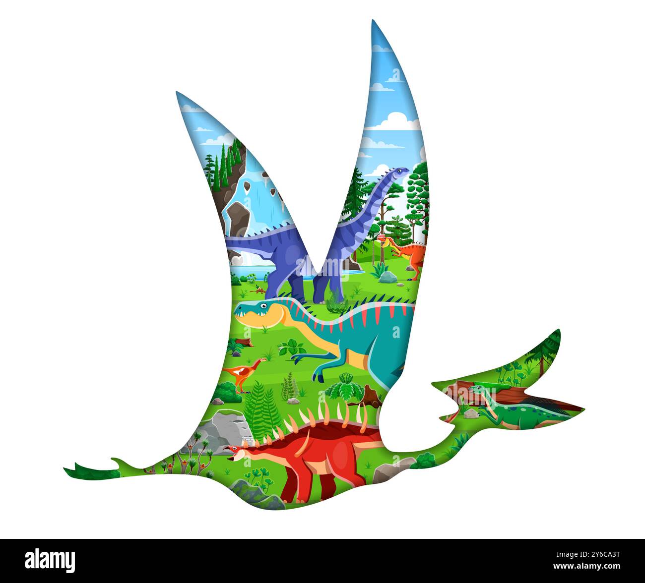 Paper cut prehistoric flying dinosaur silhouette filled with Jurassic ...