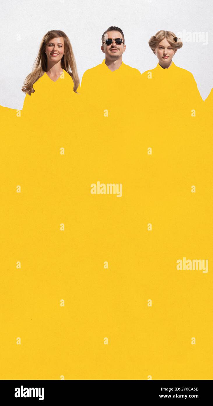 Contemporary art collage. Trio masked in bold yellow symbolizes how ...