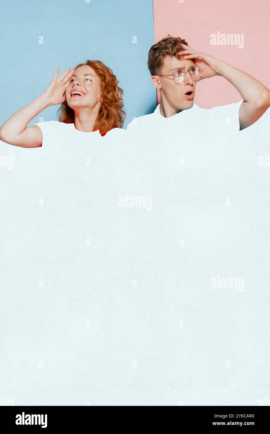 Contemporary art collage. Couple against split background stare ahead ...