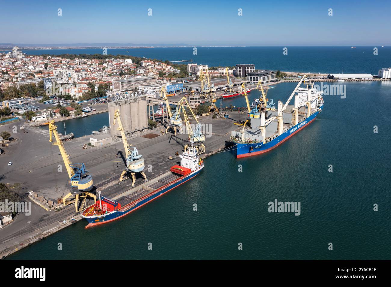 Aerial view to cargo ship on the port of Burgas, Bulgaria Stock Photo ...